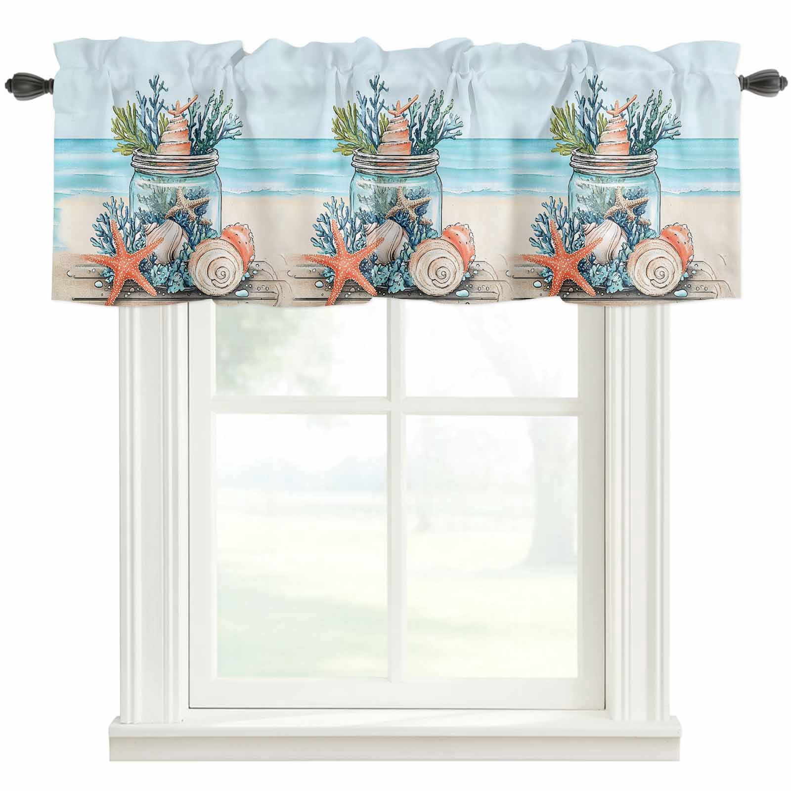 Beach Window Valance Curtain Coral Seashell Starfish Rod Pocket Short ...