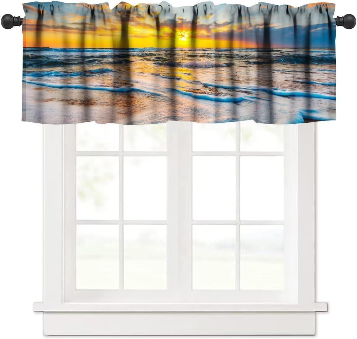 Beach Window Valance, Ocean Theme Sand Wave Sea Water Tropical Hawaii ...