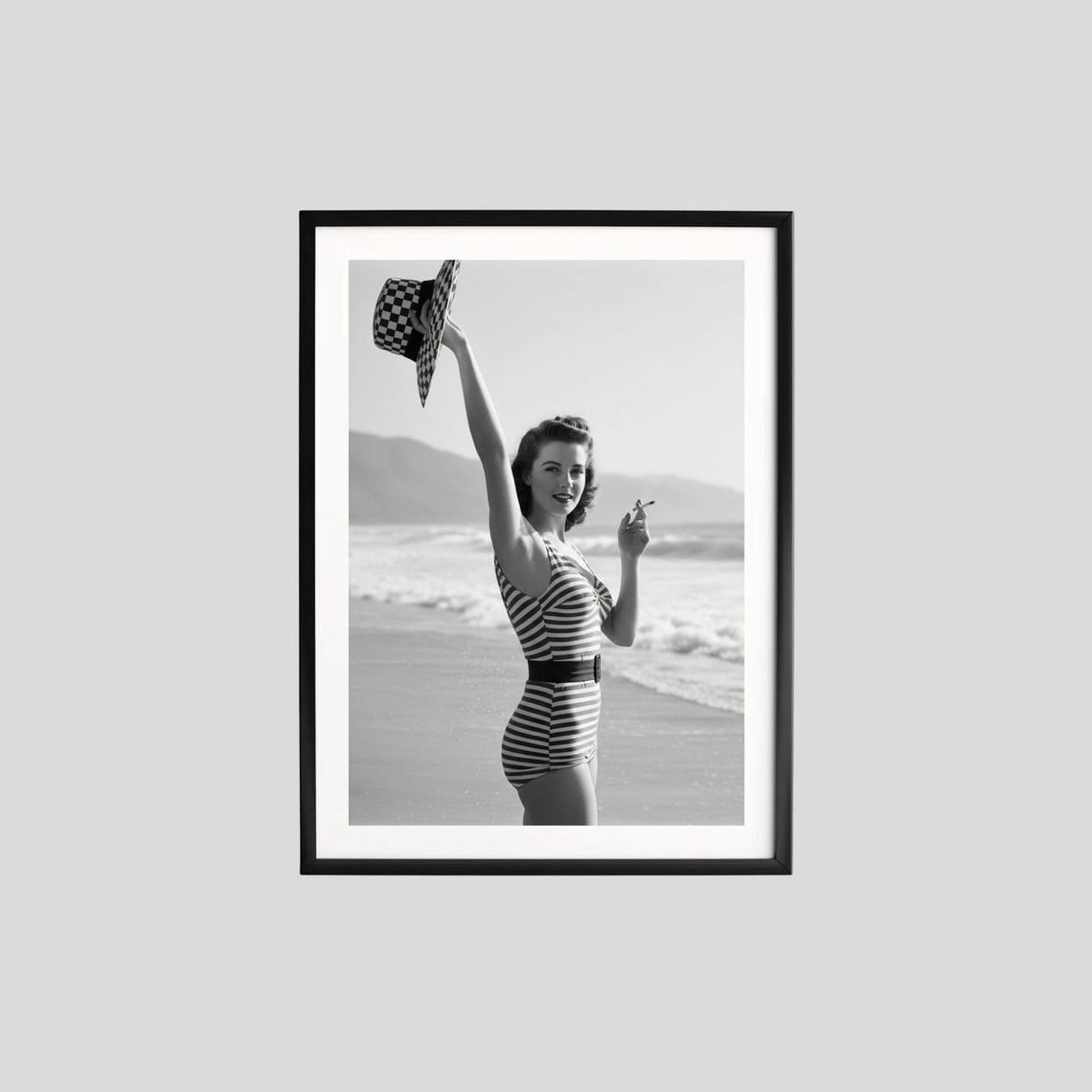 Beach Woman in Striped Swimsuit 1950s Black and White Photography Retro ...