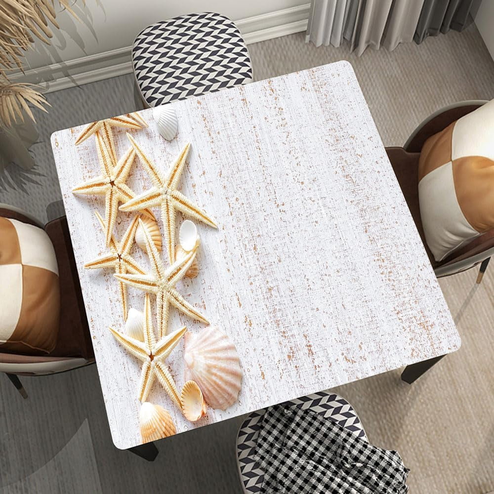 Beach Wood Texture Square Table Cloth, Sea Starfish Shell Waterproof ...