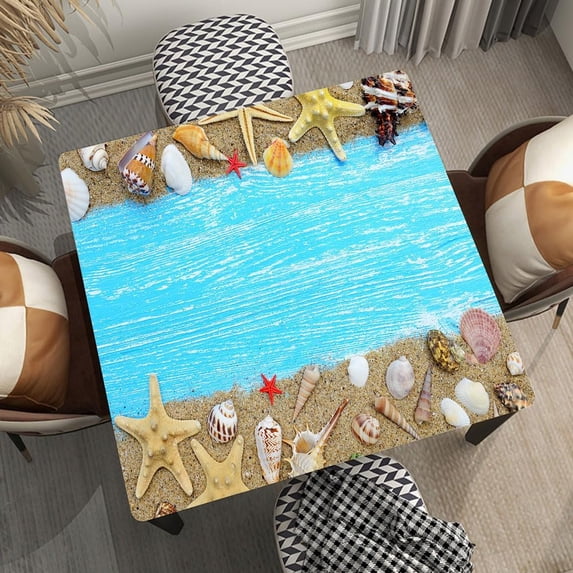 Beach Wood Texture Square Table Cloth, Sea Starfish Shell Waterproof ...