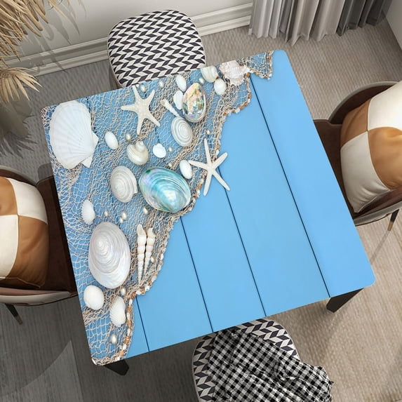 Beach Wood Texture Square Table Cloth, Sea Starfish Shell Waterproof ...