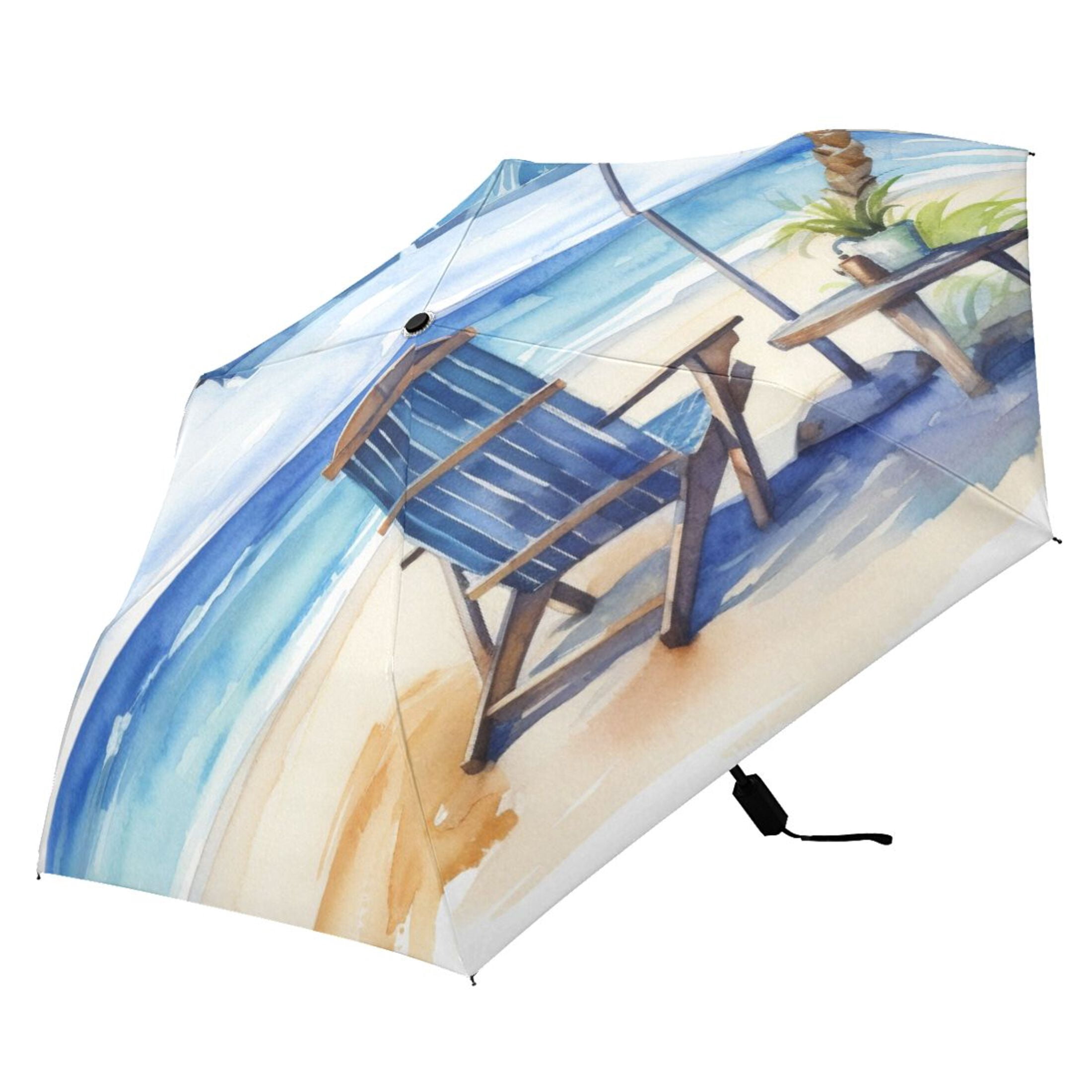 Beach and Palm Tree Compact Folding Umbrella for Rain Windproof Travel ...