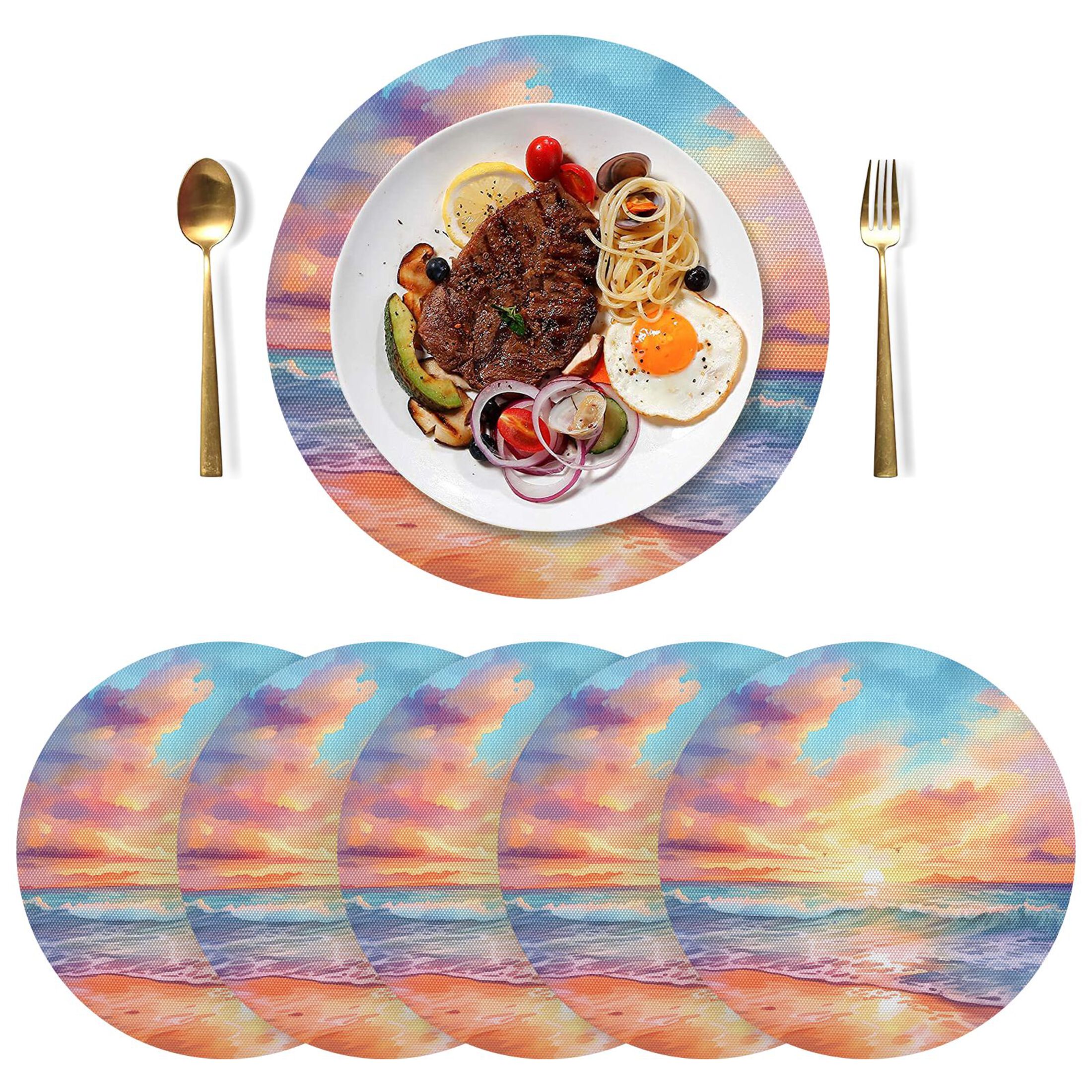 Beach and Sunset Round Plate Mats Non-Slip Place Mat Washable PVC Table ...