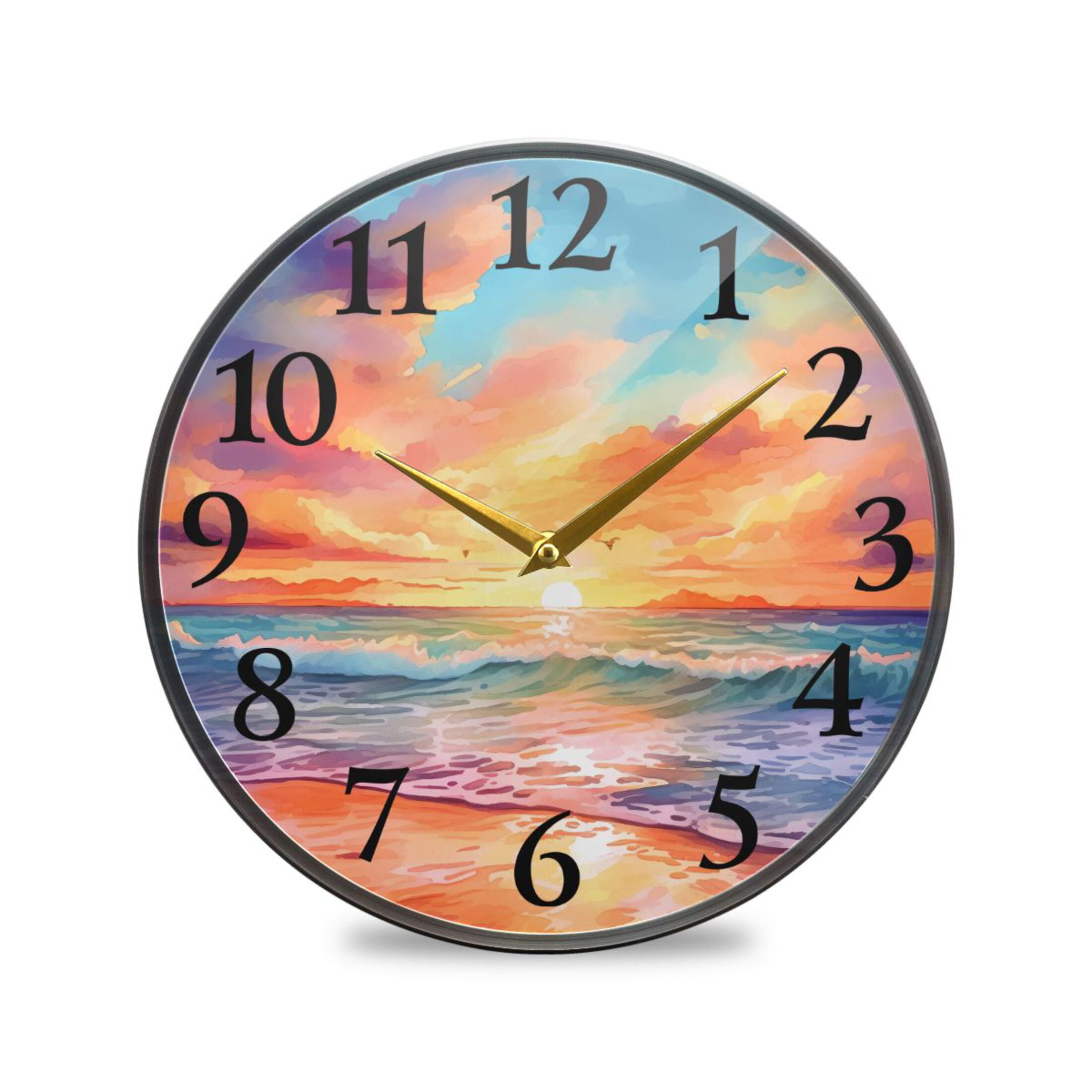 Beach and Sunset Wall Clocks Battery Operated 11.9 Inch Round Clock Acrylic Silent Non-Ticking ...