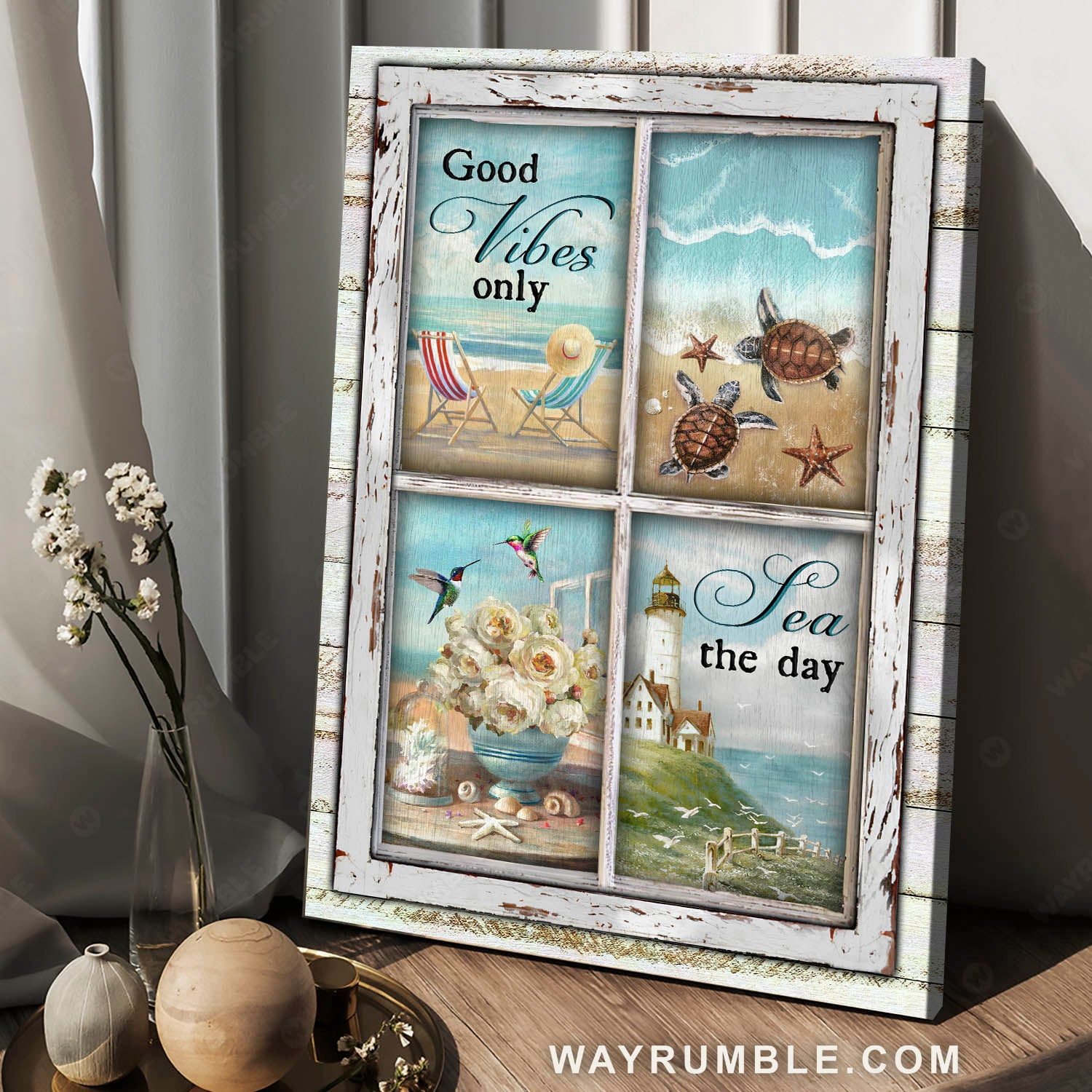 Beach chairs, Sea turtle, White camellia, Lighthouse, Good vibes only ...