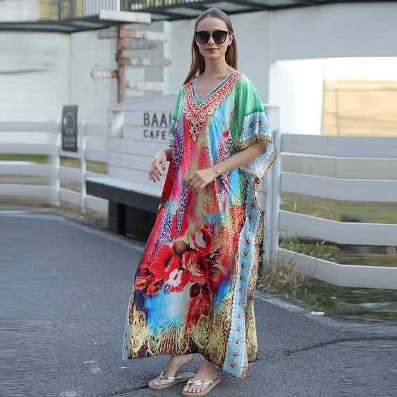 Beach cover-up, quick-dry printed seaside sun protection dress, loose ...