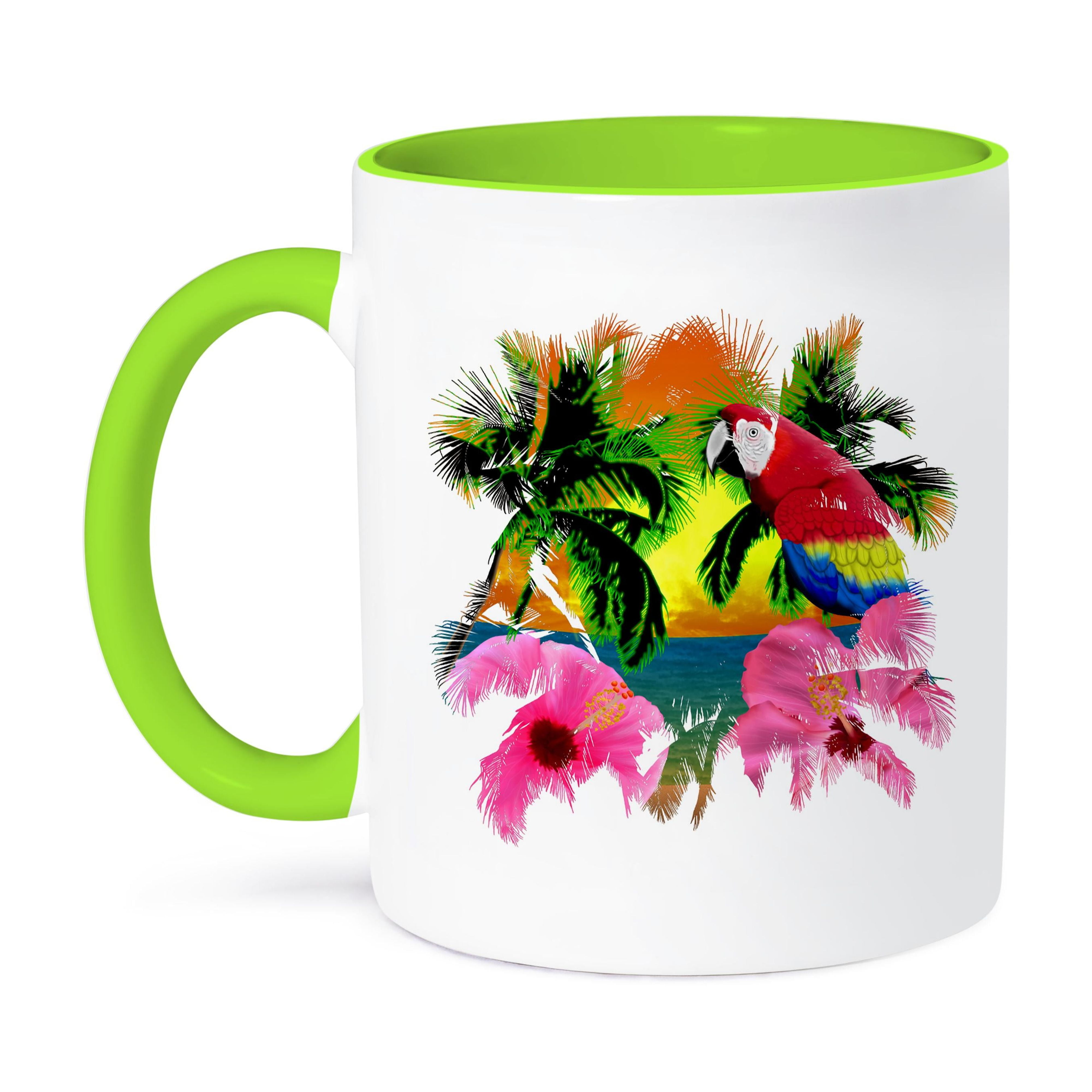 3dRose, Beach design of a beach sunset, palm trees, and macaw parrot., 15oz Two-Tone Green Mug ...