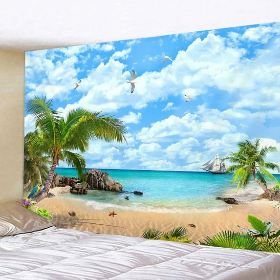 Beach scenery decorative tapestry seaside coconut tree background cloth ...