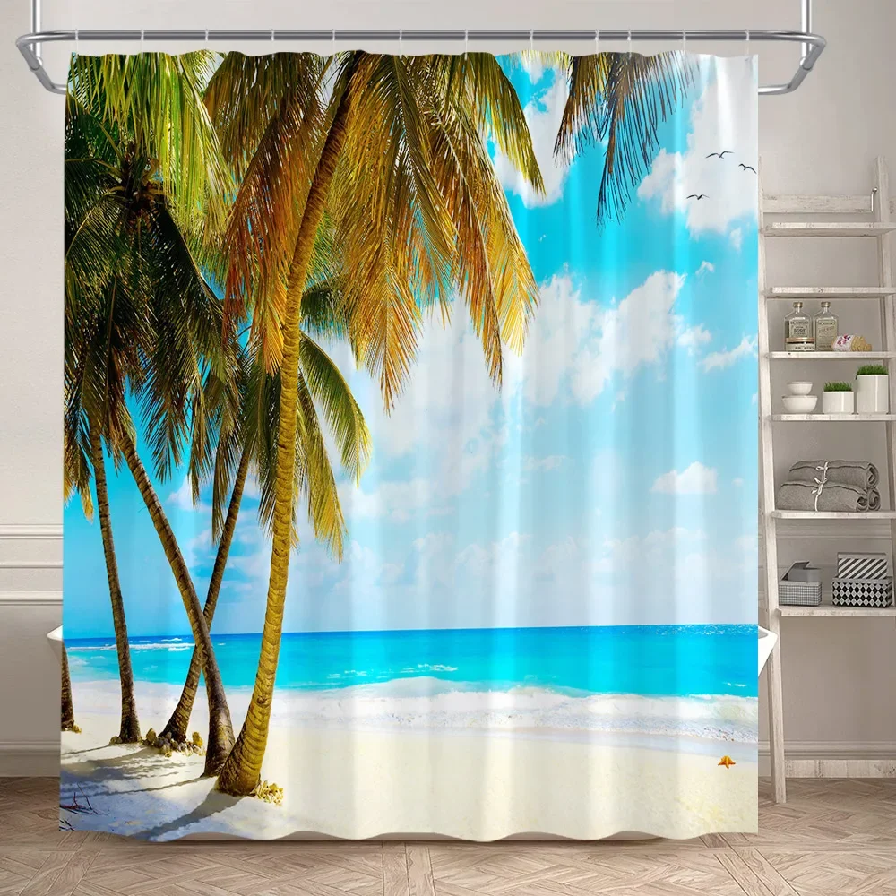 Beach shower set coconut tree ocean wave waterproof bath mat non-slip ...