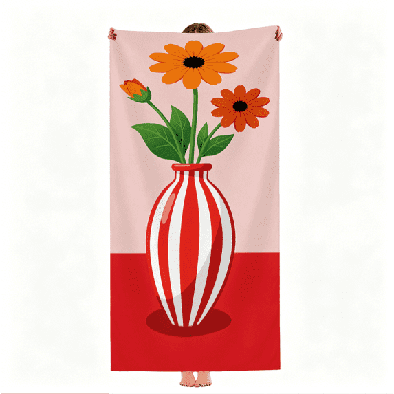 Beach summer bath towels, orange flowers, green leaves, microfiber ...