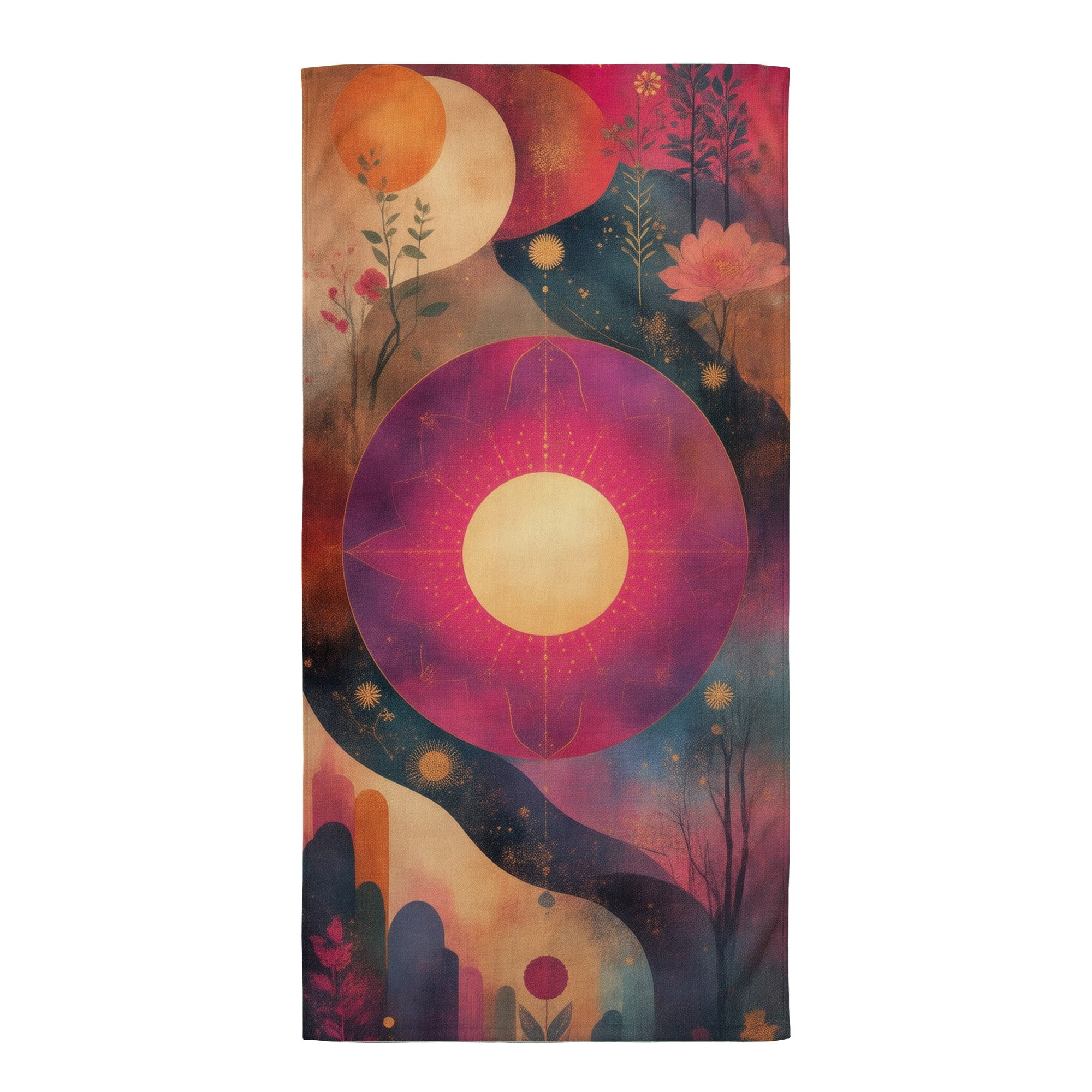 Beach towel boho A painting of a yin and yang symbol with a city in the ...