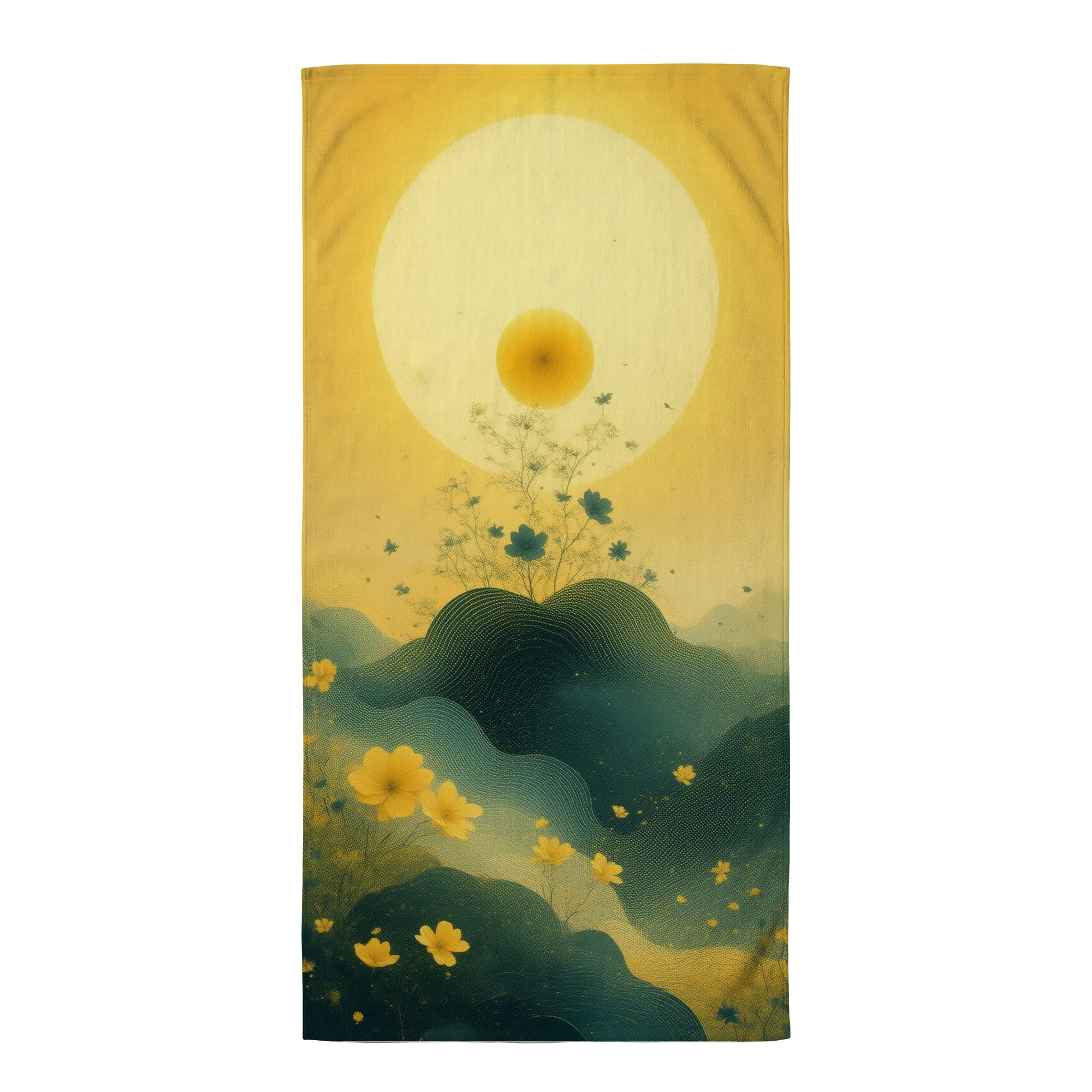 Beach towel boho A painting of a field of flowers with a full moon in ...