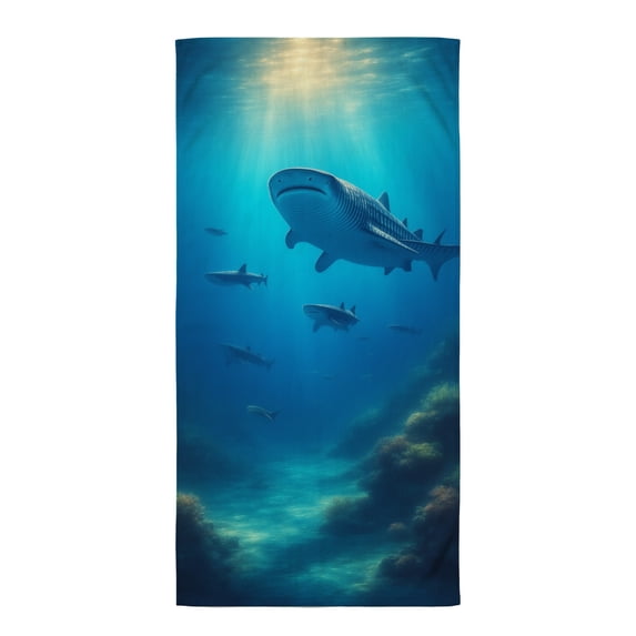 Beach towel shark A large group of fish swimming in the ocean. soft ...
