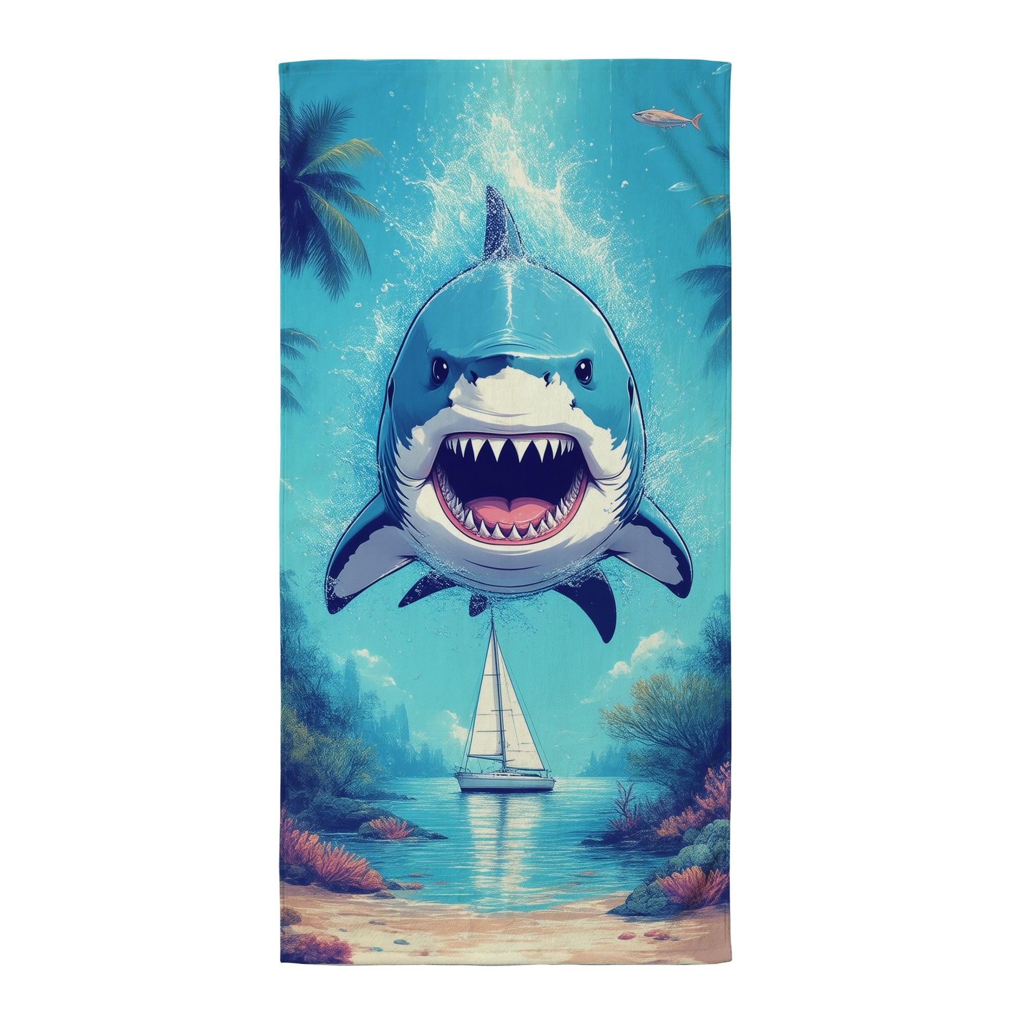Beach towel shark A shark with its mouth open in the ocean with a ...
