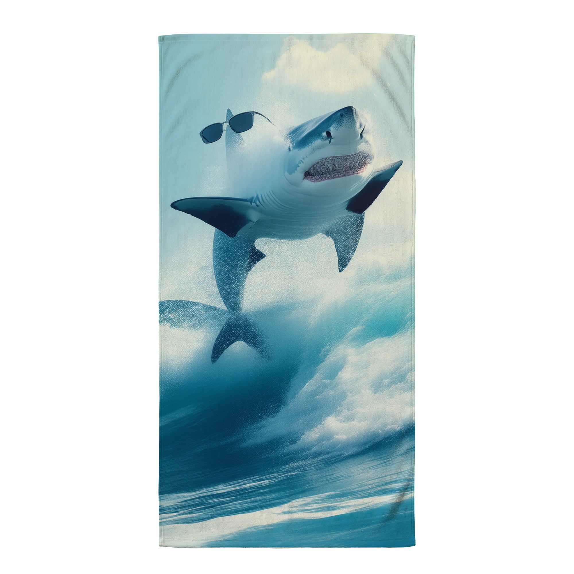 Beach towel shark A shark with sunglasses swimming in the ocean. thin ...