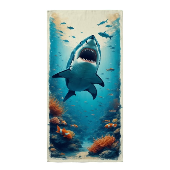 Beach towels shark A great white shark swimming in the ocean surrounded ...