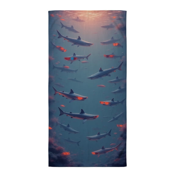 Beach towels shark A large group of sharks swimming in the ocean. thin ...