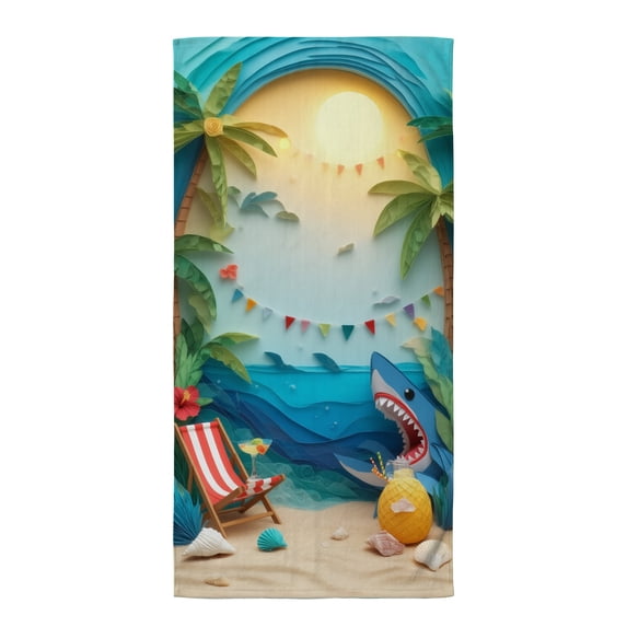 Beach towels shark oversized A beach scene with a shark and a beach ...