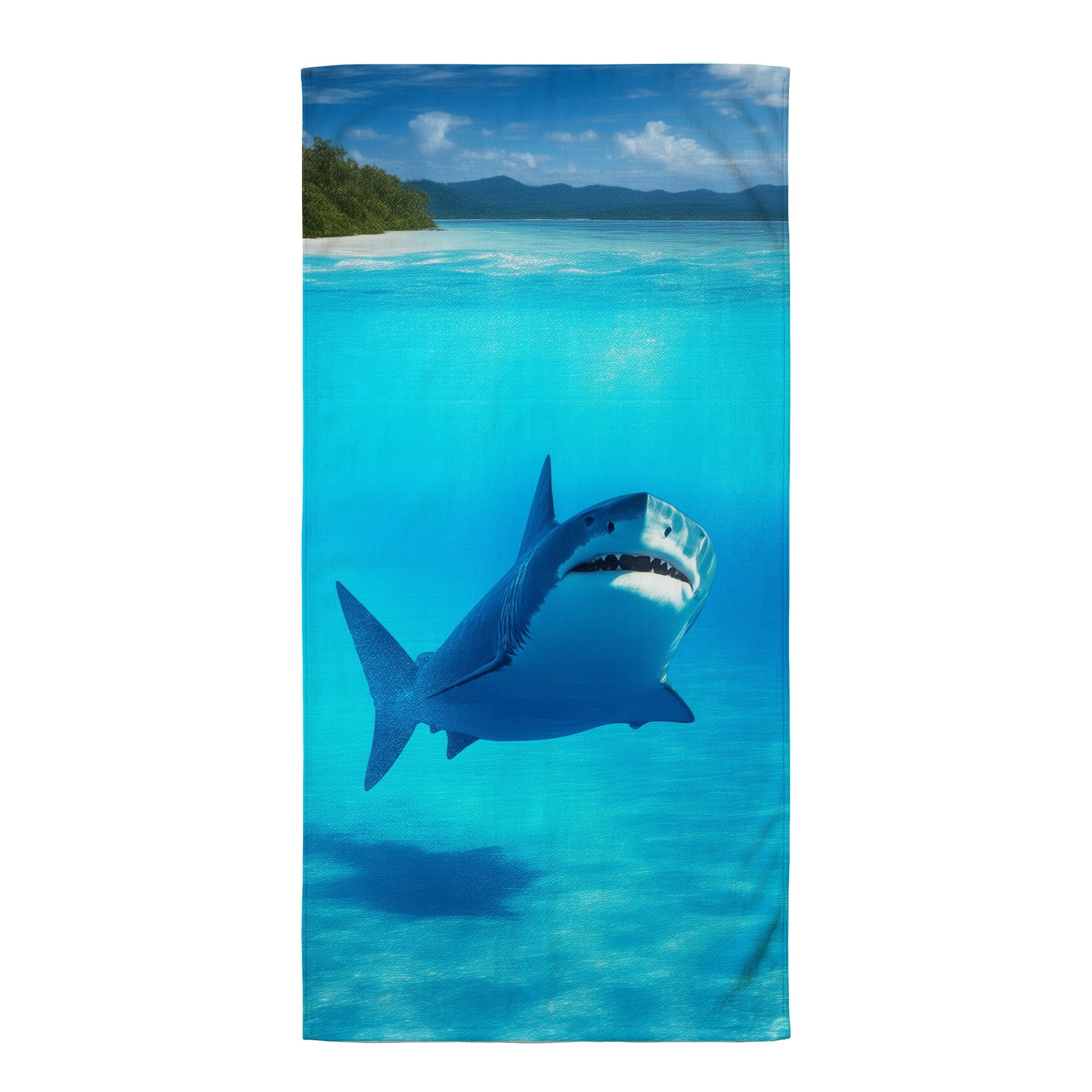 Beach towels shark swimming in the ocean with an island in the ...