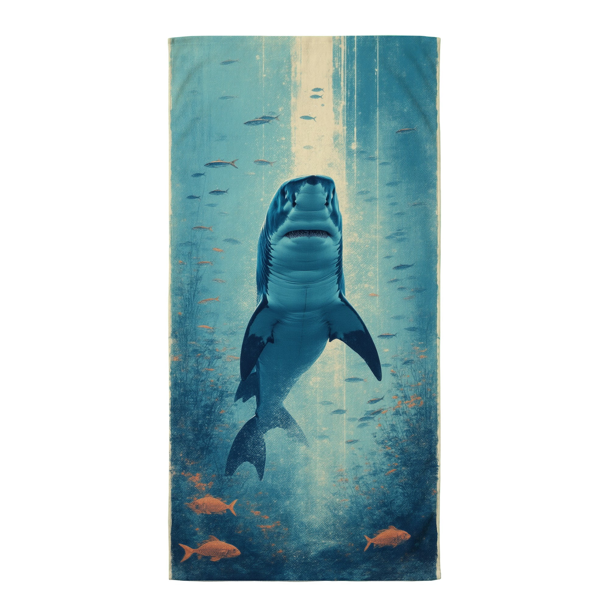 Beach towels with sharks A shark swimming in the ocean surrounded by ...