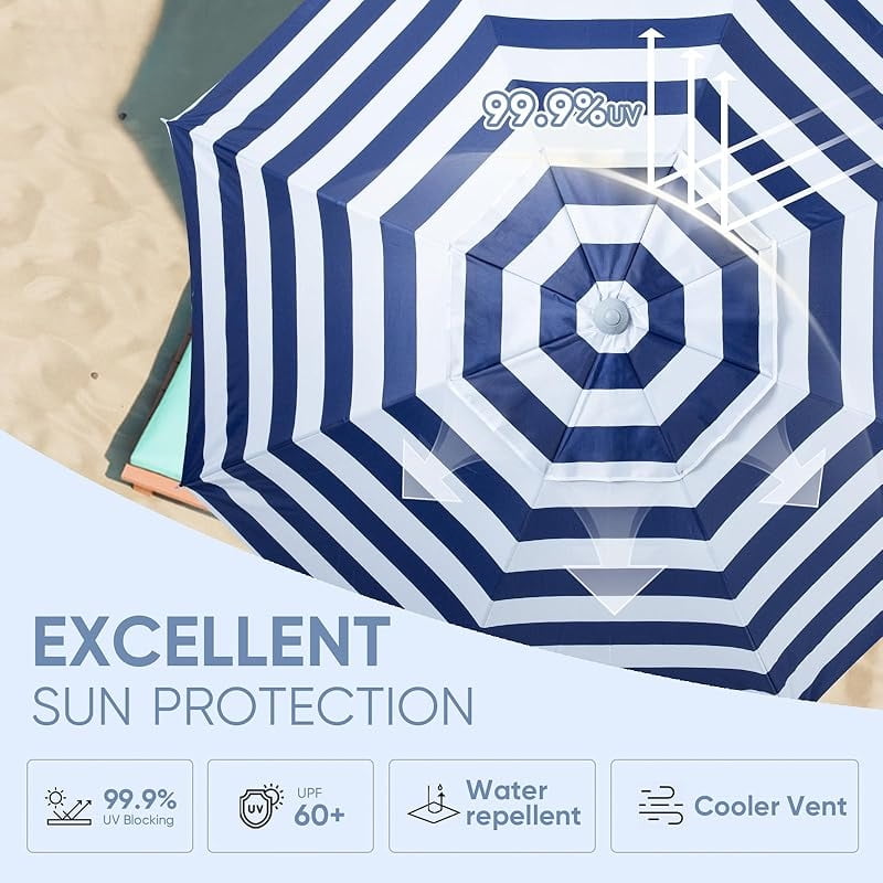 Beach umbrella, equipped with sand fixation device and carrying bag, aluminum frame, with button ...