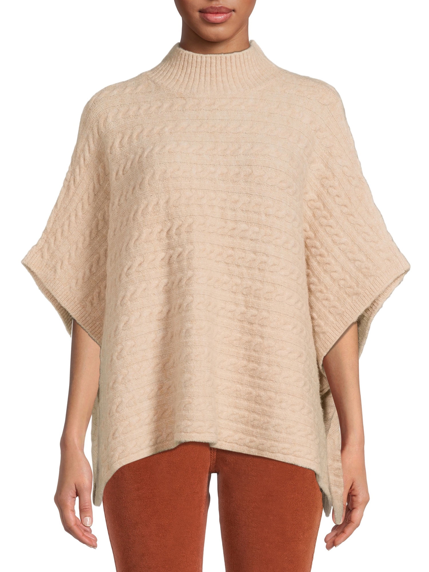 BeachLunchLounge Women's Mock Neck Cable Knit Poncho - Walmart.com