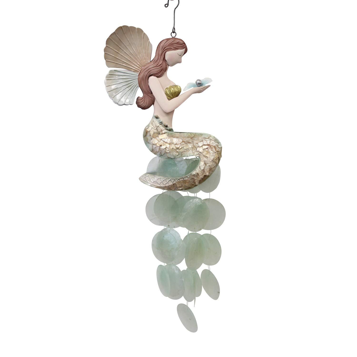 Beachcombers Outdoor Nautical Metal Mermaid Wind Chime with Capiz Wings ...