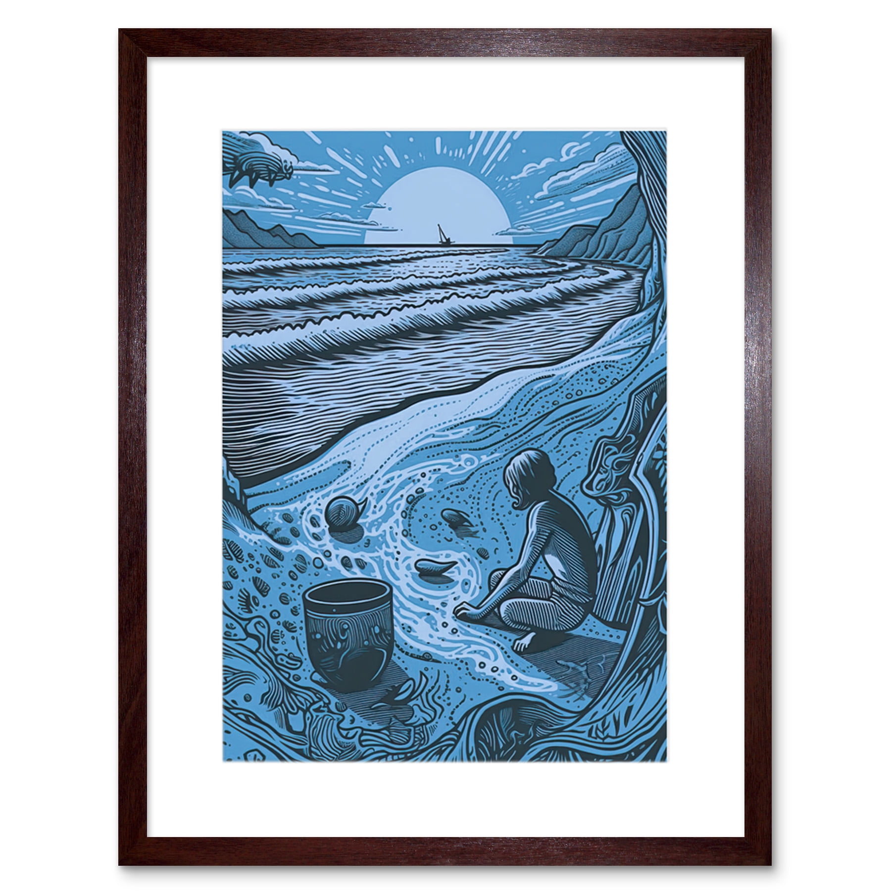 Beachcombing Coastal Landscape Blue Illustration Artwork Framed Wall ...