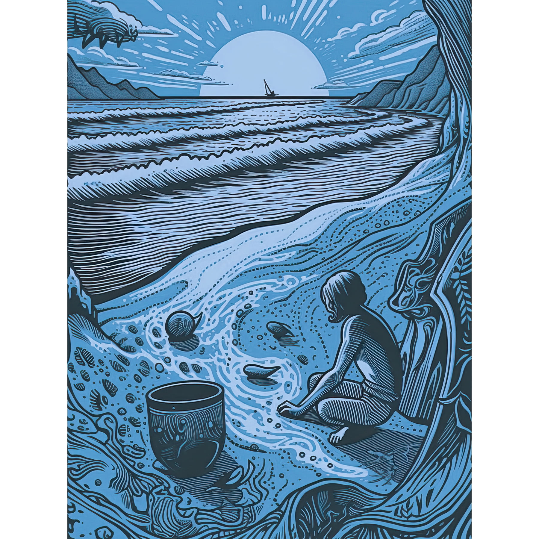 Beachcombing Coastal Landscape Blue Illustration Extra Large XL Wall ...