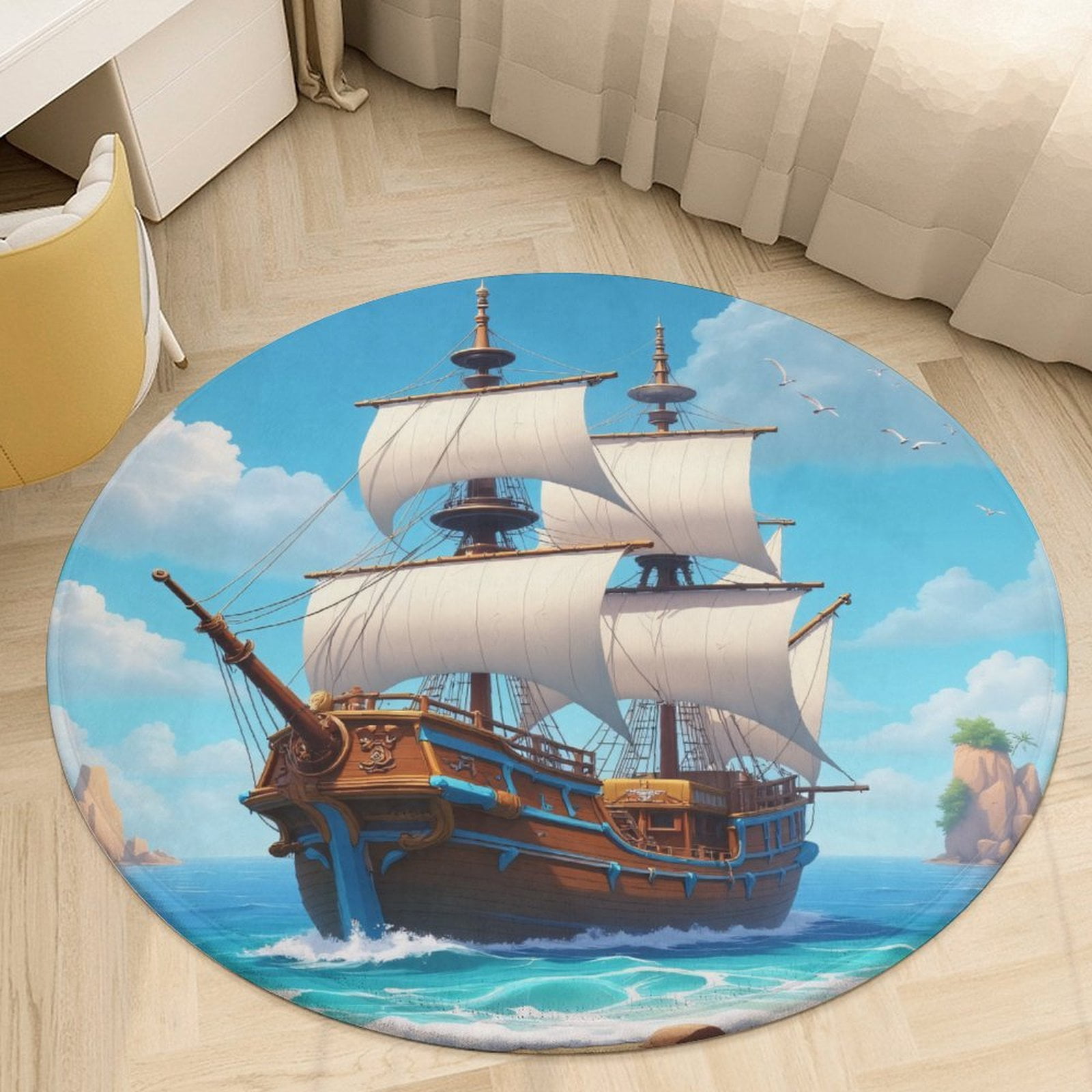 Beached Pirate Ship Scene Round Area Rugs for Bedroom Living Room, 6FT ...