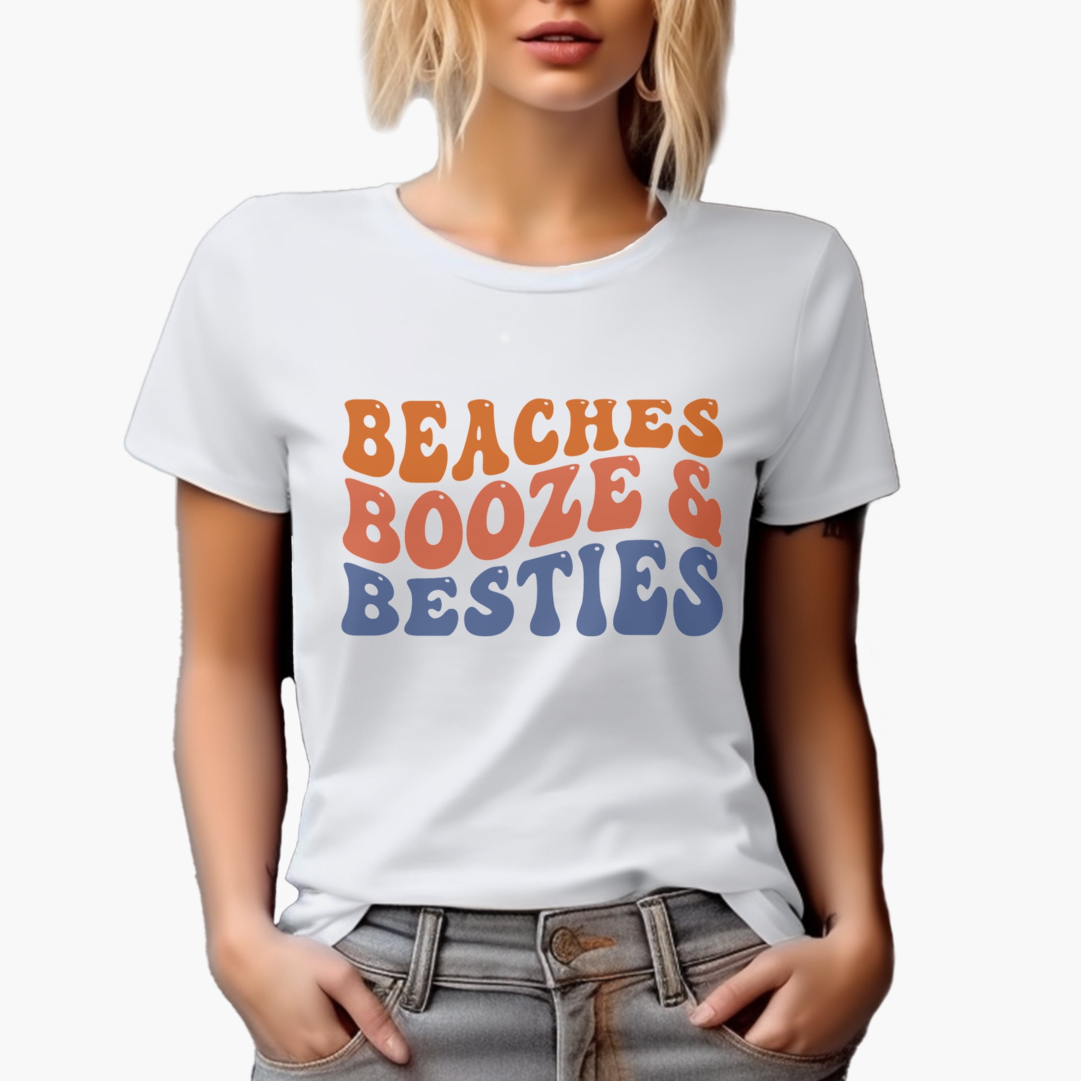 Beaches, Booze & Besties, Drinking Lover Quote, Groovy Retro Wavy Text ...