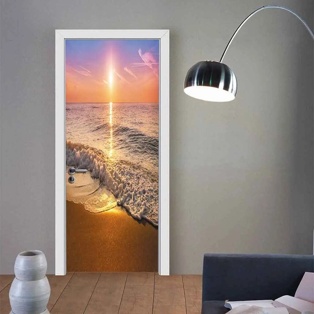 Beachfront Door sticker Ocean View Door sticker Purple Sky Ocean Mural ...