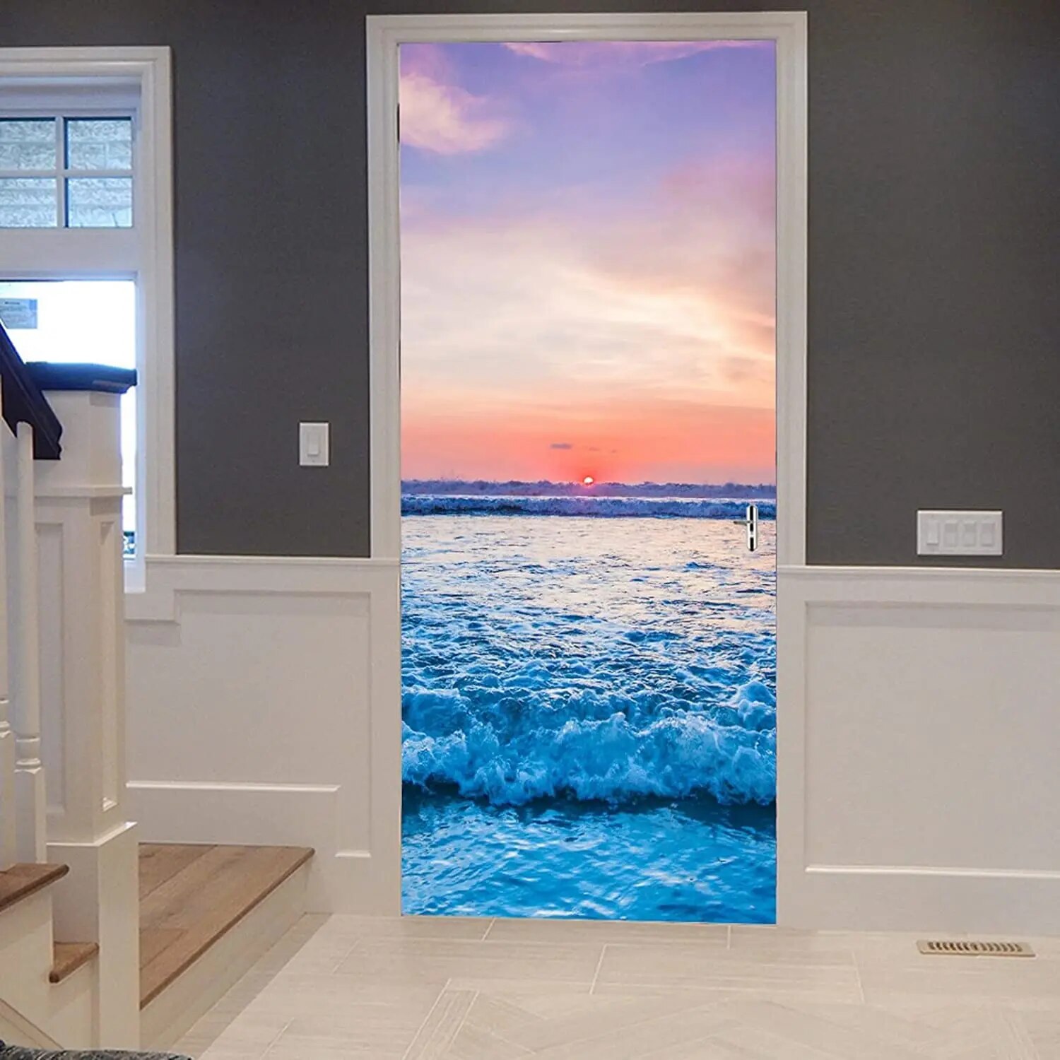 Beachfront Door sticker Ocean View Door sticker Purple Sky Ocean Mural ...