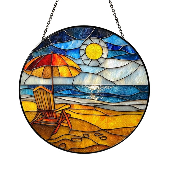 Beachfront Sunset Stained Glass Suncatcher Window Hanging Decor, Chair ...