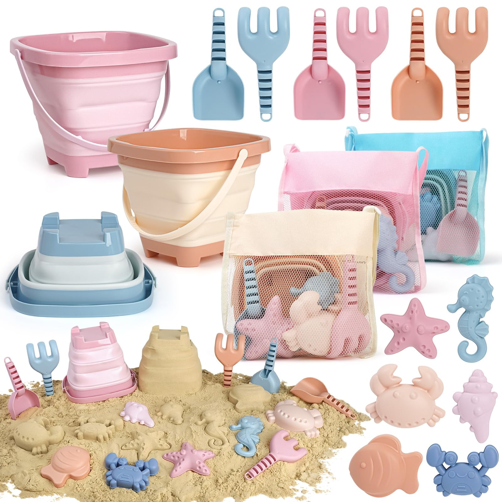 Beachs Set For 3-10 Collapsible Sand Buckets With Molds And Mesh Bag 3 ...