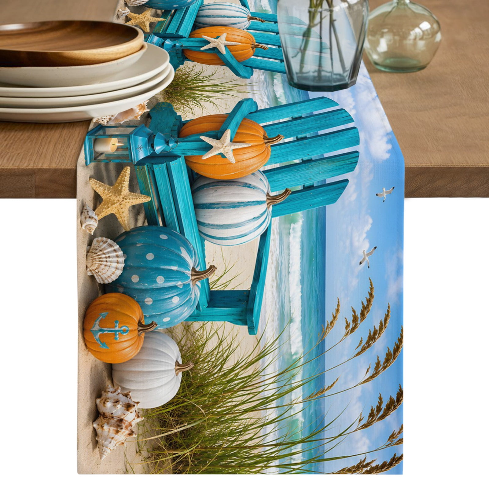 Beachside Fall Table Runner, Summer Coastal Pumpkin Turquoise Chair ...