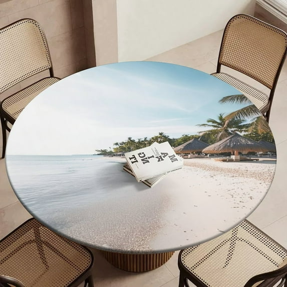 Beachside Thatched Huts Round Table Cover Kitchen Printed Waterproof ...