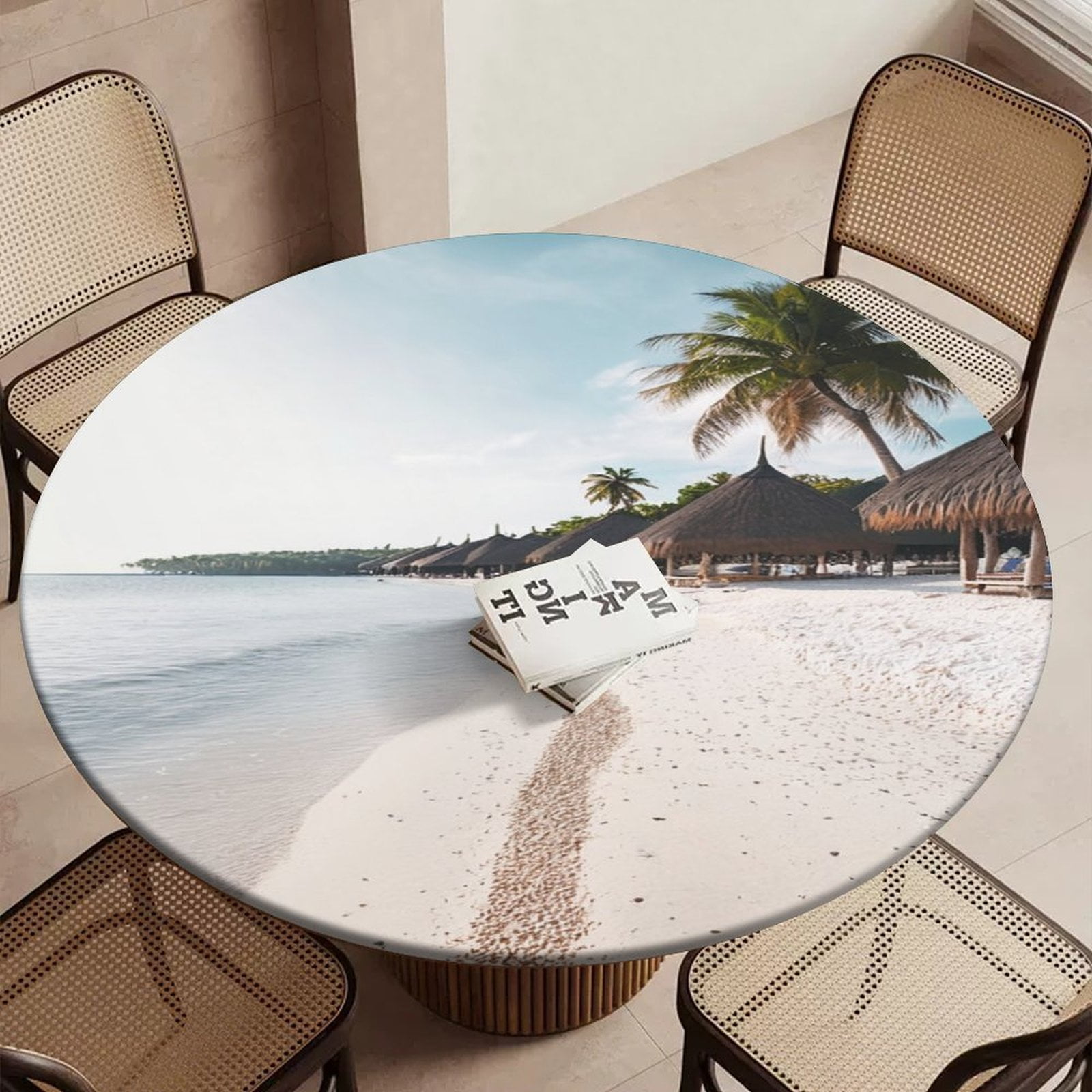 Beachside Thatched Huts Round Table Cover Kitchen Printed Waterproof ...