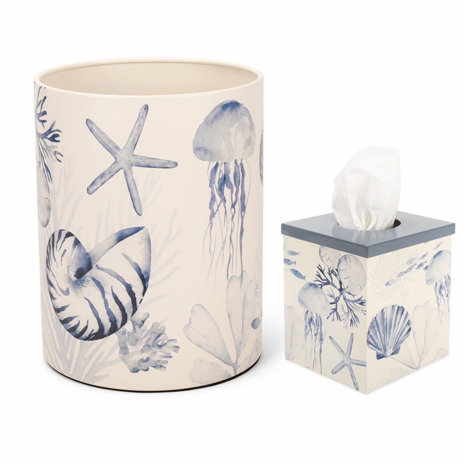 Beachy Bathroom Bliss Set - Includes Round Trash Can, Cube Tissue Box ...