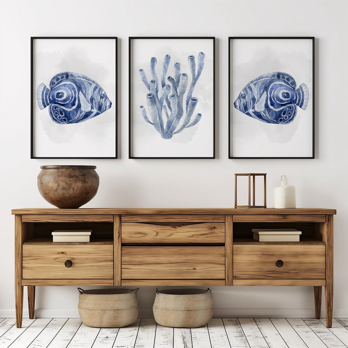 Beachy Decor Navy Blue Fish Art Coastal Print Cape Cod Set 3 Stretched ...