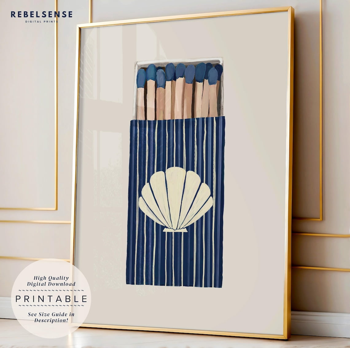 Beachy Matchbox Print, Navy Seashell Wall Art Download, Coastal ...
