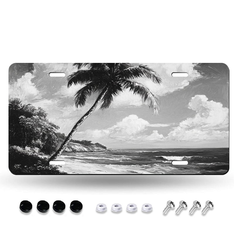 Beachy Ocean Beach Palm Tree Oil Painting Drawing License Plate Frame ...
