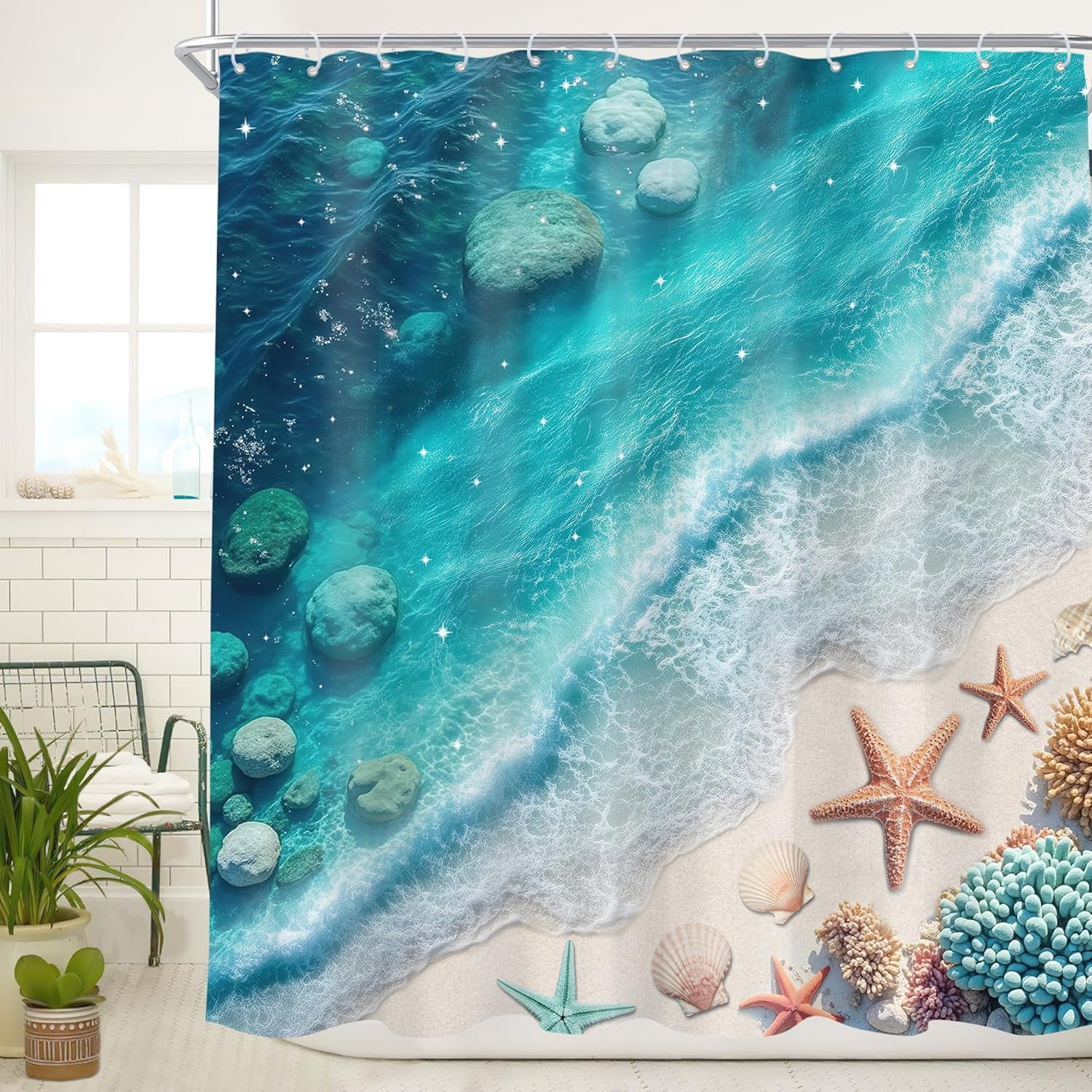 Beachy Ocean Shower Curtain Starfish Blue Nautical Coastal View ...
