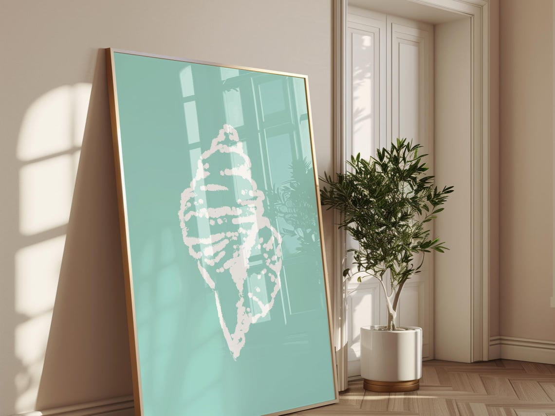 Beachy Seashell Minimalist Wall Art Print - Soft Aqua Blue Background ...