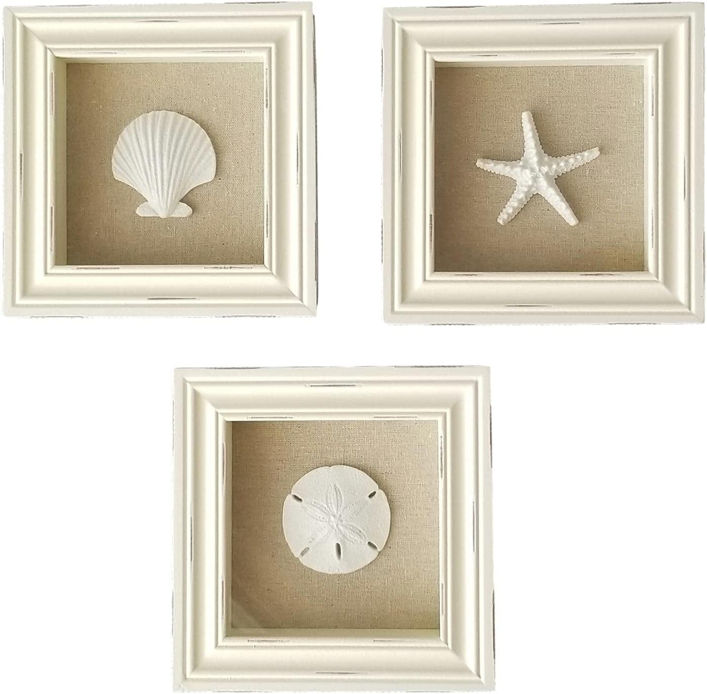 Beachy Set of 3 Shell Shabby Chic Shadow Boxes- Creamy Off White Frame ...