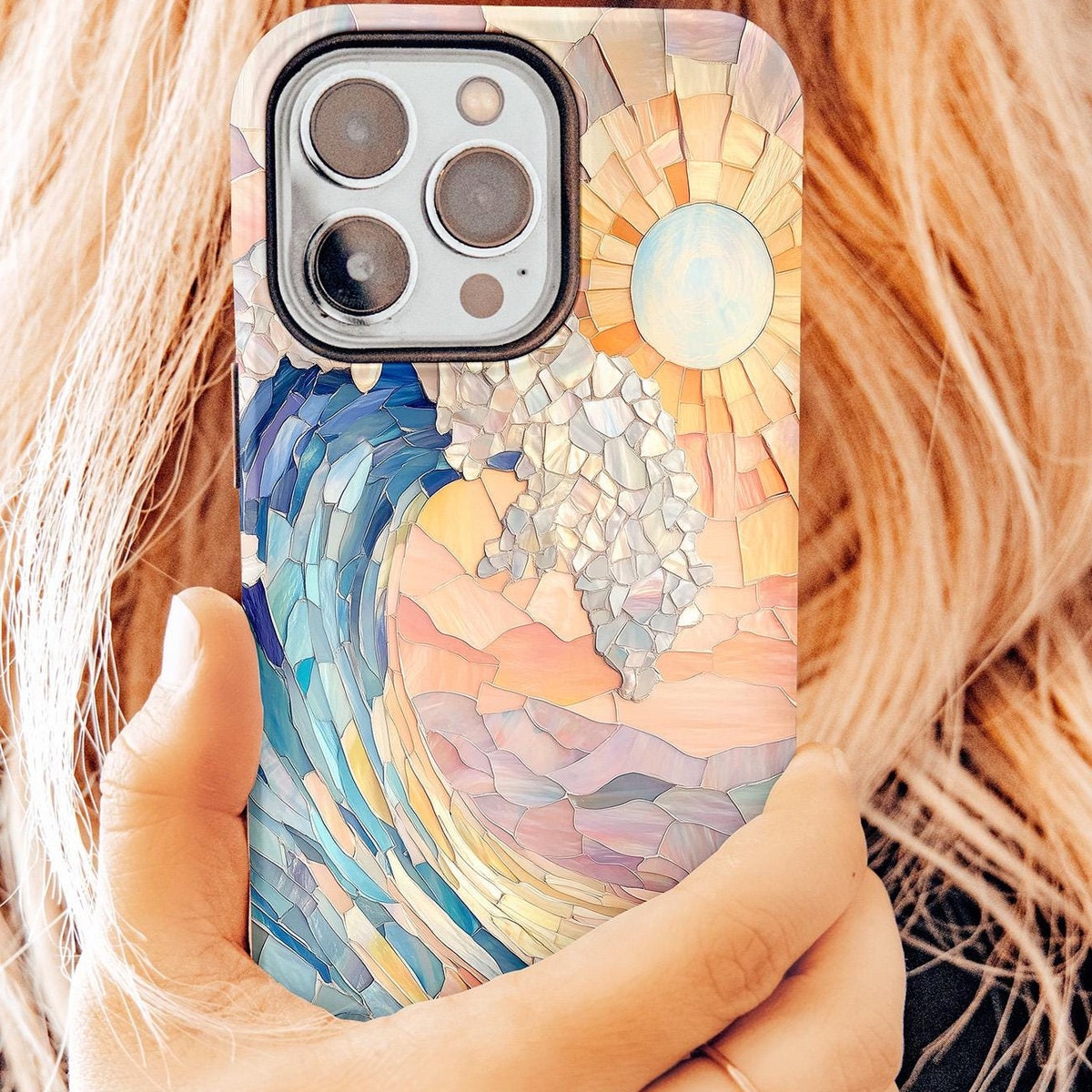 Beachy Stained Glass Mosaic MagSafe Phone Case with a Sunrise Sunset ...