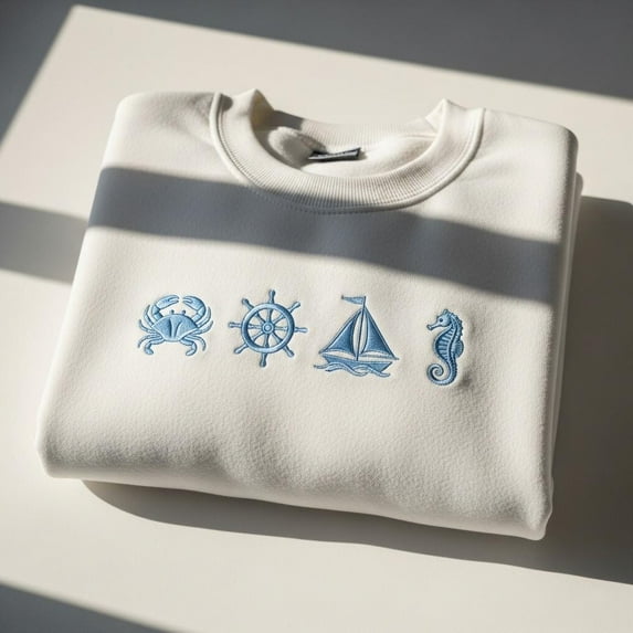 Beachy Summer Embroidered Sweatshirt, Coastal Crab Sailboat Seahorse ...
