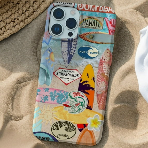 Beachy Surfboard Collage Phone Case with a Tropical Coconut and Surfer ...
