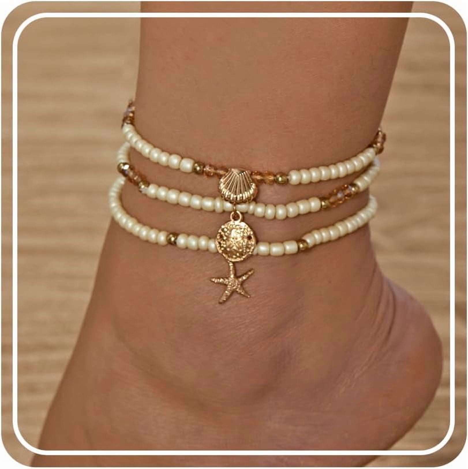 Bead Ankle Bracelets Set for Women Boho Shell Pearl Starfish Adjustable Colorful Stack Stretch ...